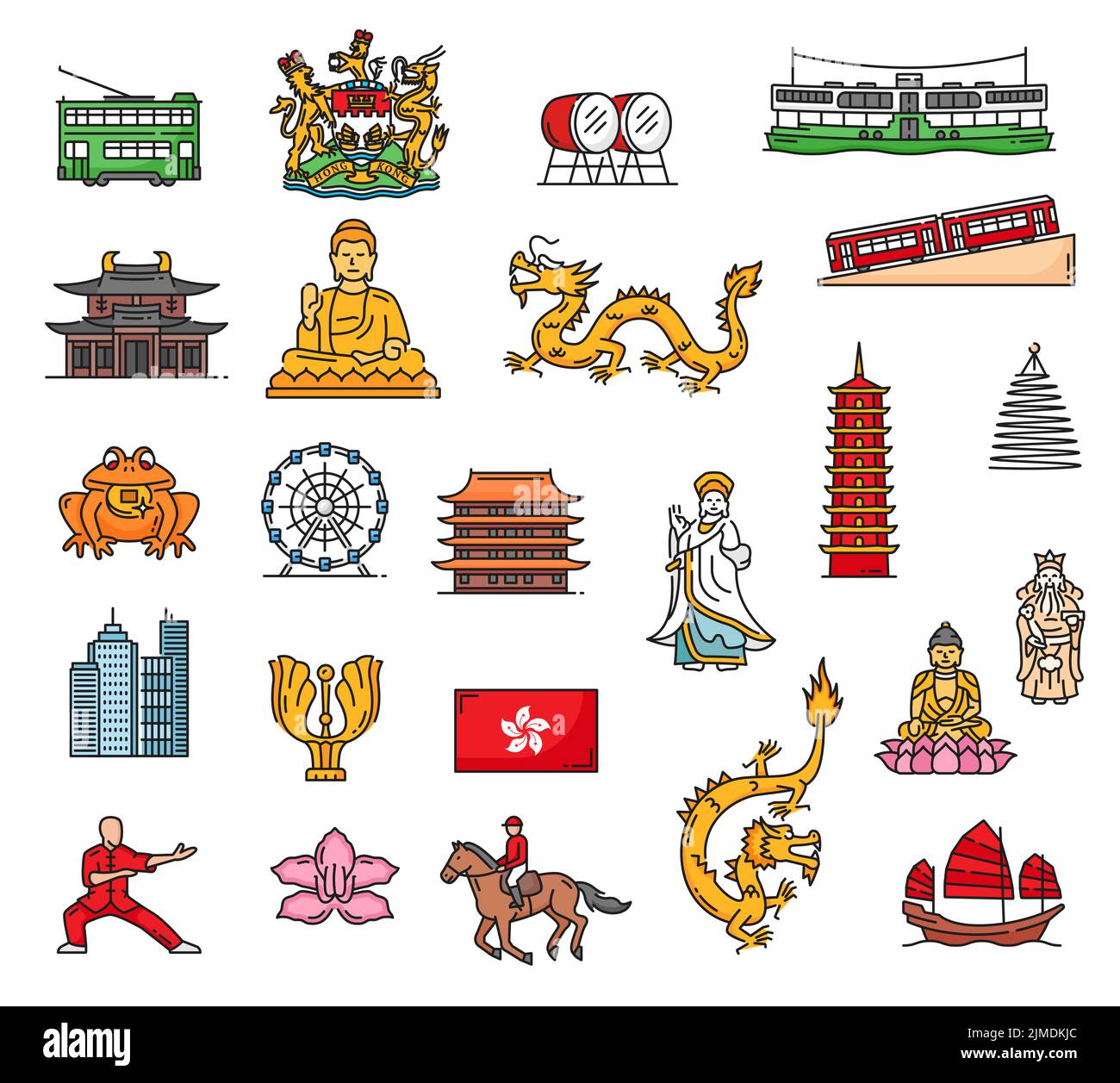 Monuments de Hong Kong et icônes de couleur de voyage. Ville ...