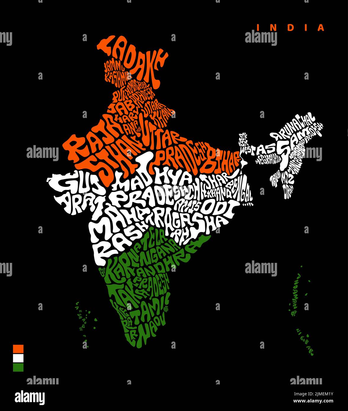INDIA Map with all Indian states name lettering along with Indian color ...