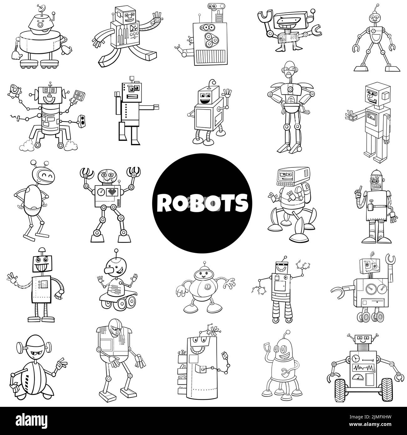 Robots de dessin animé noir et blanc et personnages androïdes grand ...