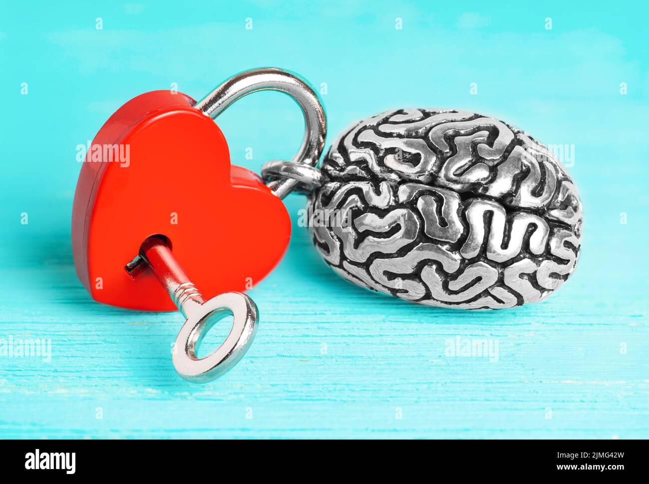 Copie anatomique d'un cerveau humain attaché à un cadenas rouge en forme de coeur avec une clé ...