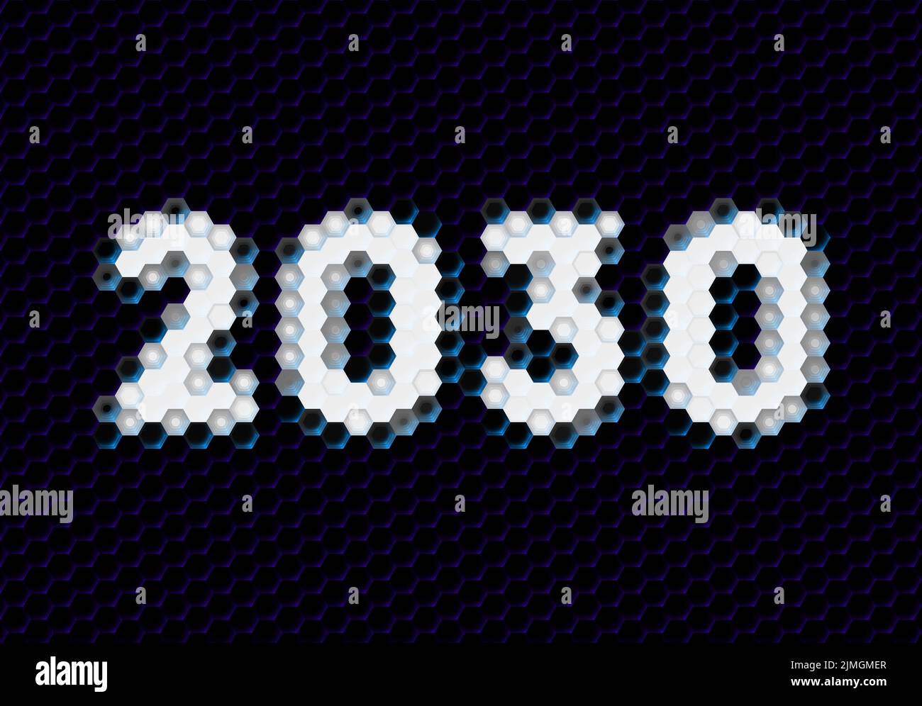Signe de l'année 2030 avec la grille de pixels hex. Numéro du nouvel an ...