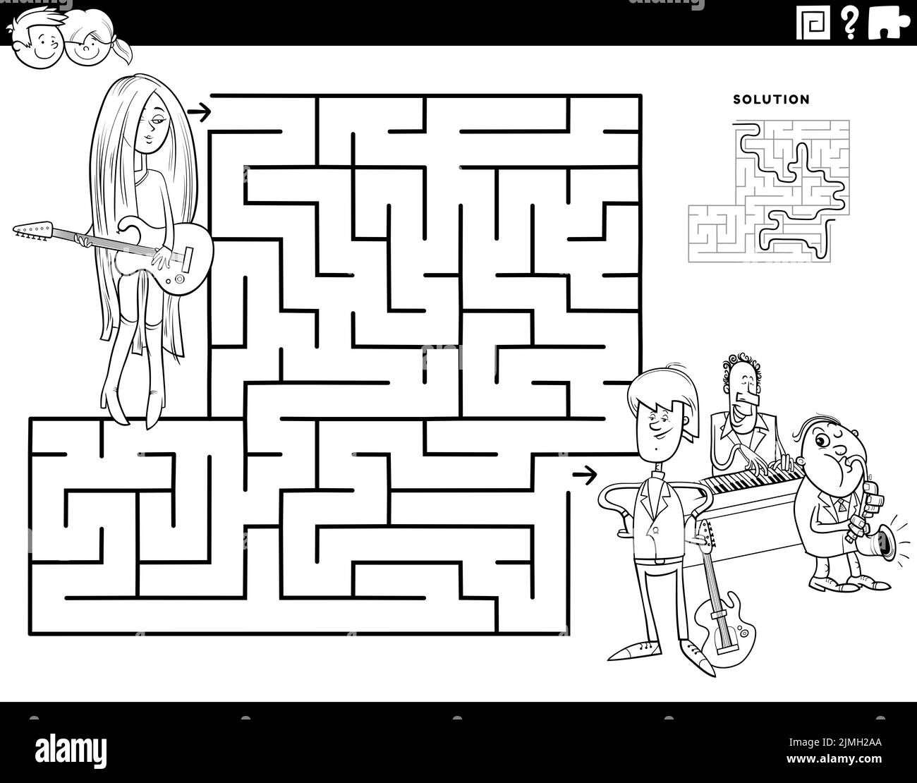 Labyrinthe avec dessin animé fille avec guitare et bande coloriage ...