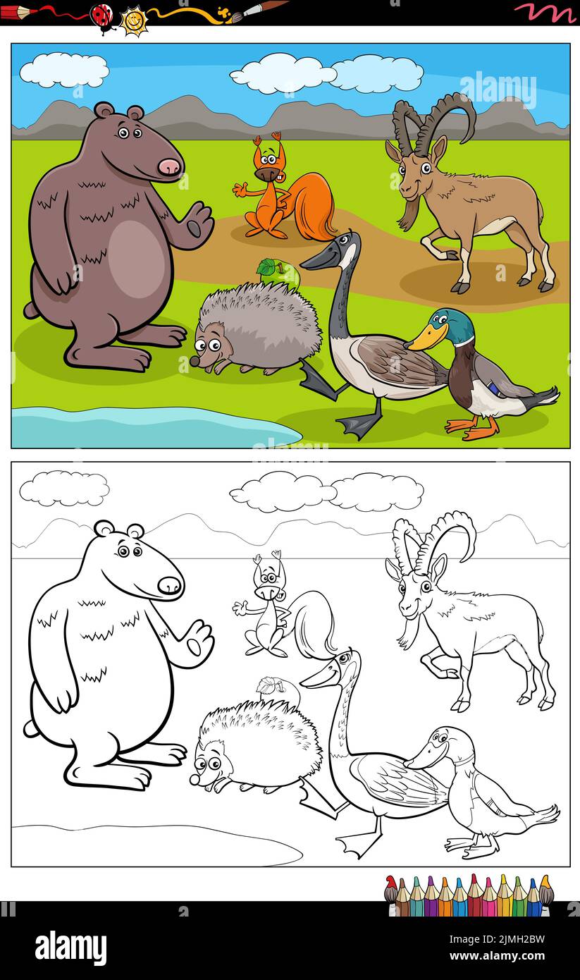 Page de livre de coloriage de groupe de personnages d'animaux sauvages de dessin animé Photo ...