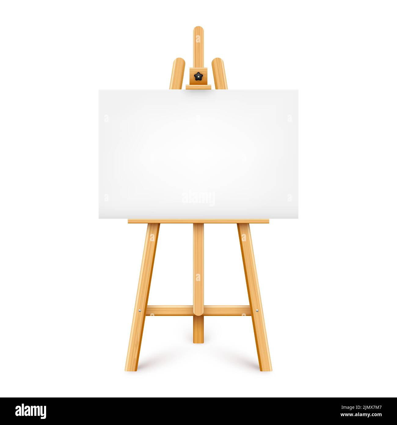 Bureau de peinture réaliste avec toile blanche vierge.Chevalet en bois et feuille de papier à ...