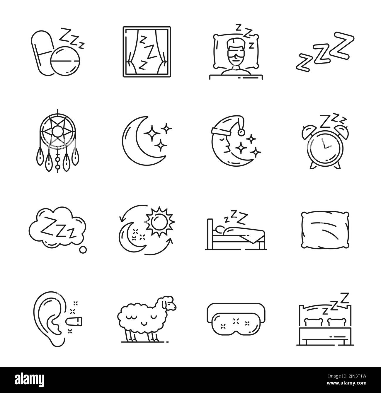 Icônes de sommeil, rêves de nuit et articles de coucher, coussin de lit ...