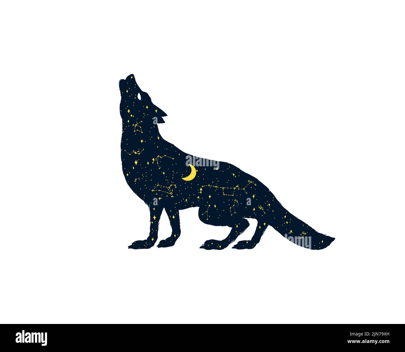Le loup hurlant sur la lune. Silhouette d'animal magique avec croissant ... Le loup hurlant sur la lune. Silhouette d'animal magique avec croissant ...