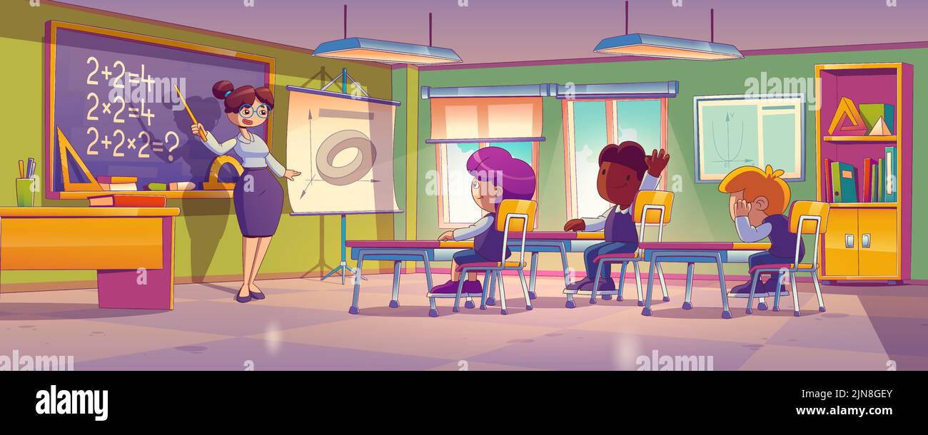 Enseignant et enfants élèves en cours de mathématiques en classe scolaire. Divers enfants ...
