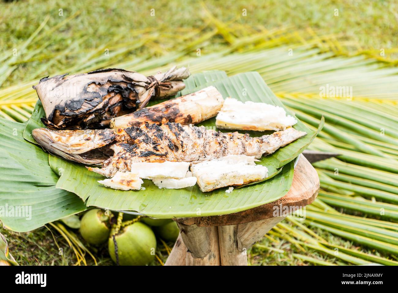 Poisson fumé et grillé et manioc, nourriture traditionnelle des peuples ...