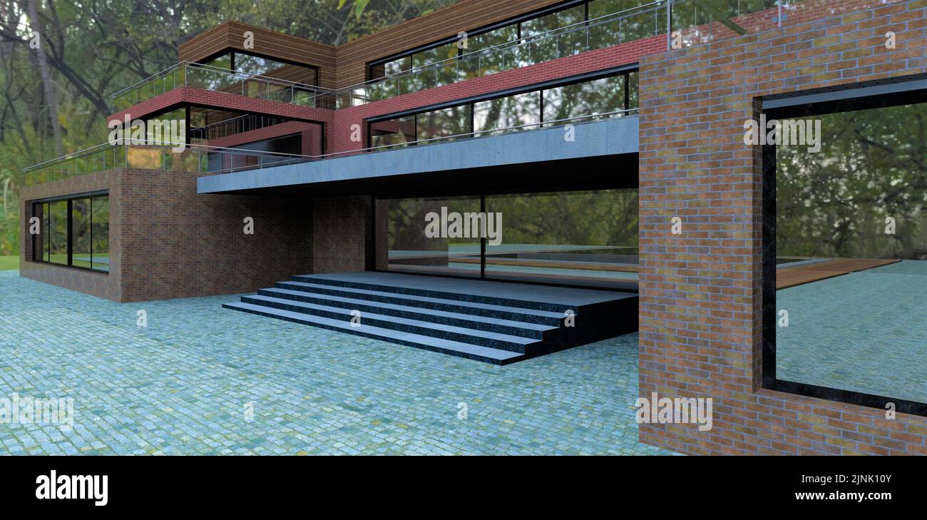 Maison moderne dans une forêt dense. Finition de la façade de l ...