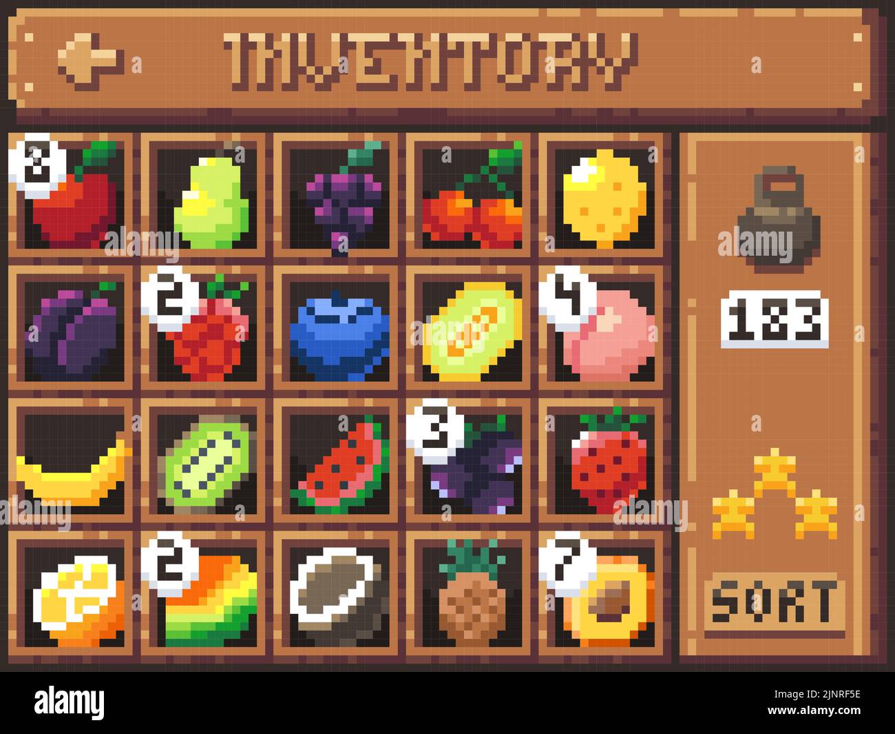 Inventaire pixel fruits. Écran d'interface de jeu de dessin animé avec ...