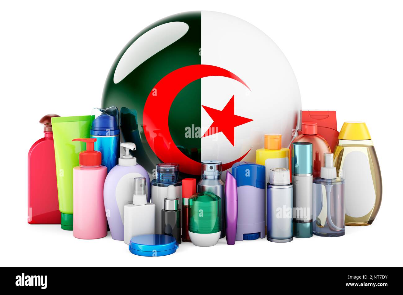 Drapeau algérien avec des bouteilles cosmétiques, des produits de soins ...