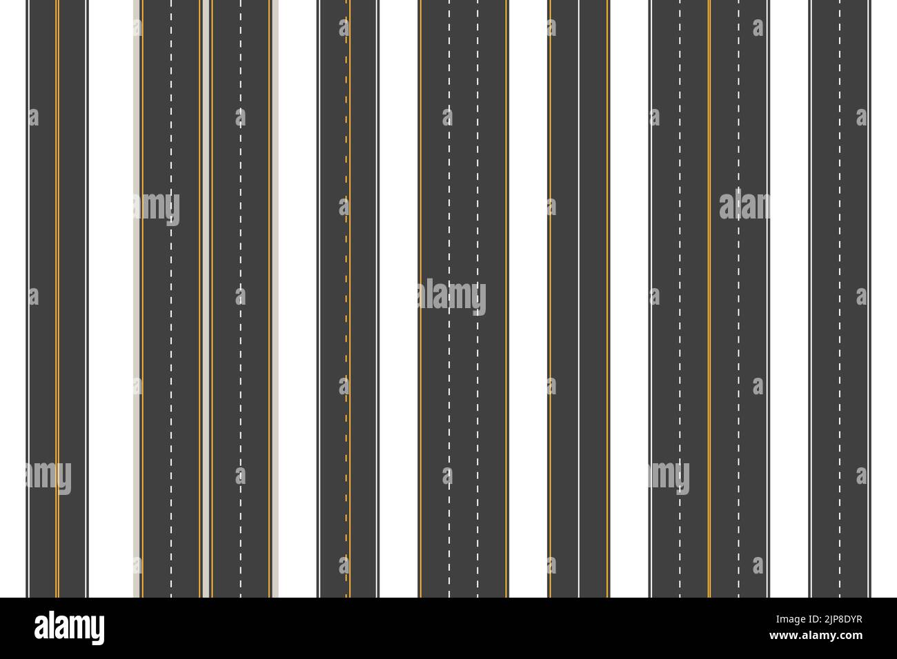 Vue du dessus de la voie de circulation. Route asphaltée avec diverses lignes et bandes blanches ...