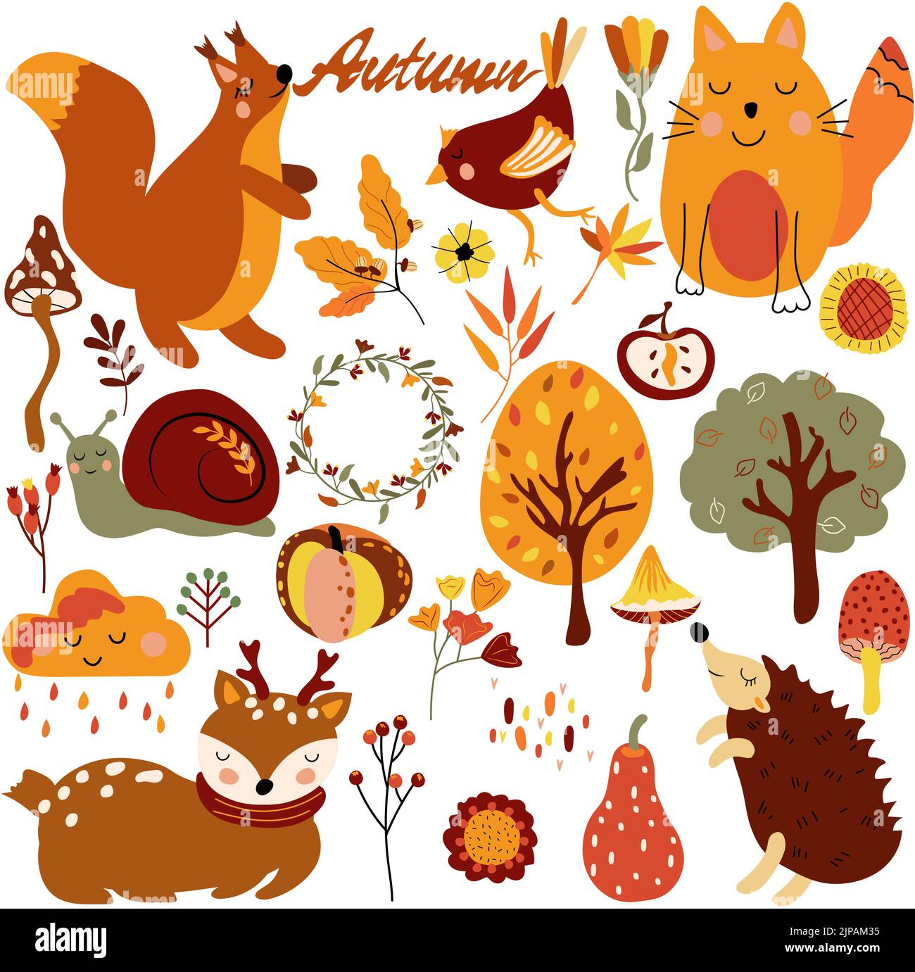 Ensemble d'automne, animaux boisés mignons et éléments automne mignons ...