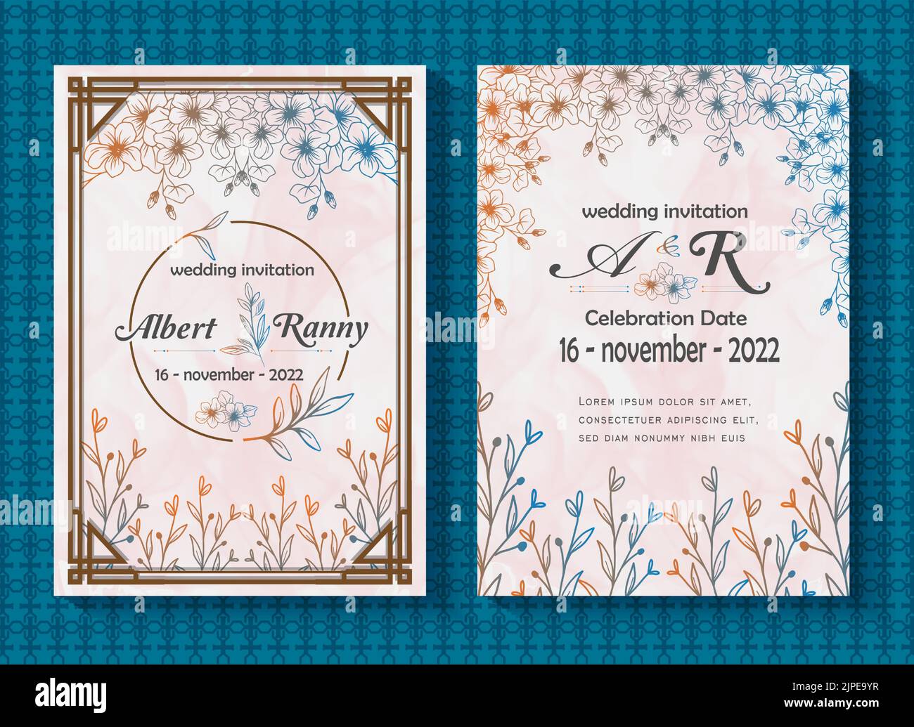 Modèle d'invitation à un mariage recto verso avec fond blanc et cadre ...