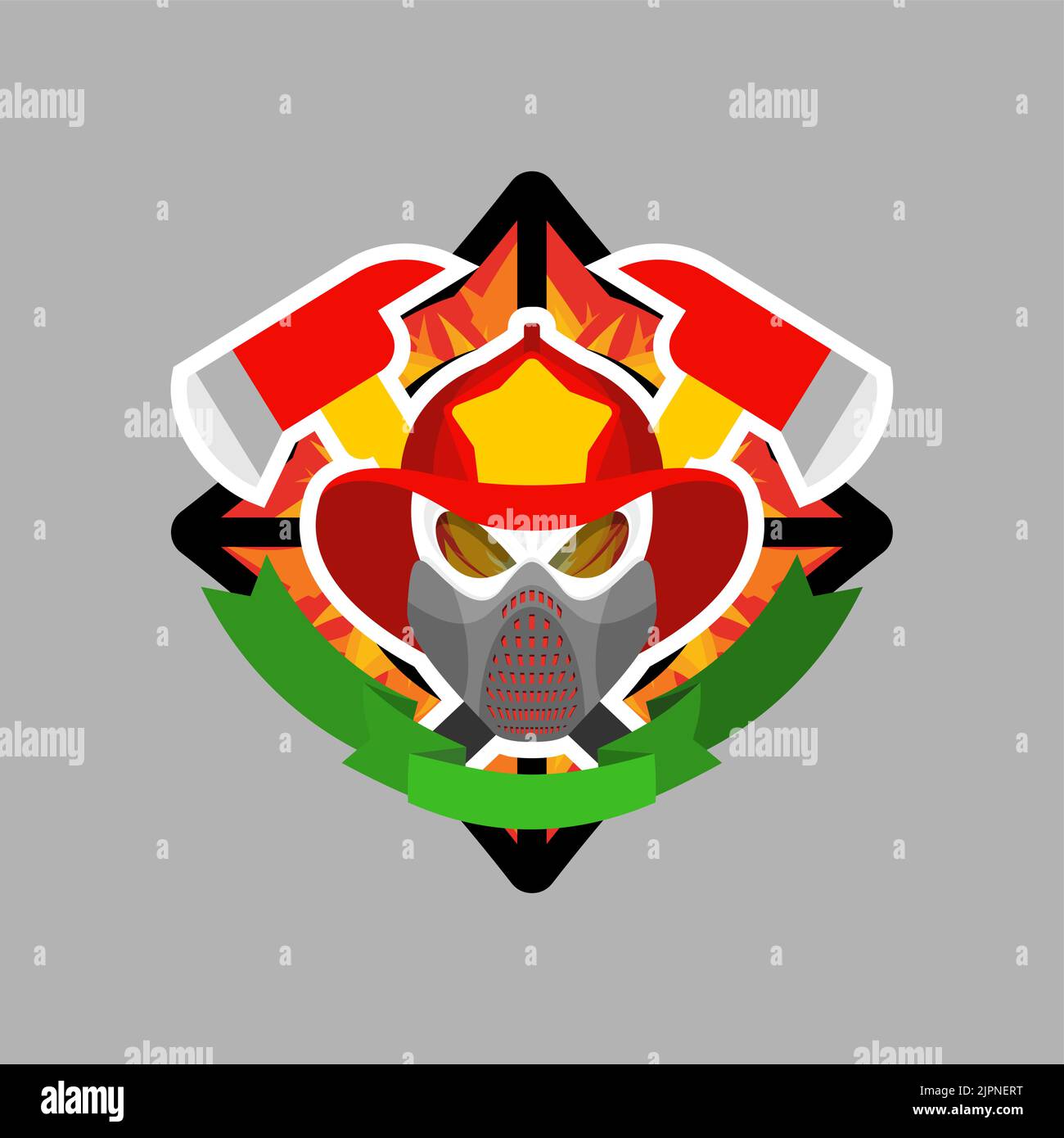 Porte-avions de pompier en forme de casque. Hache et flamme. Symbole du ...