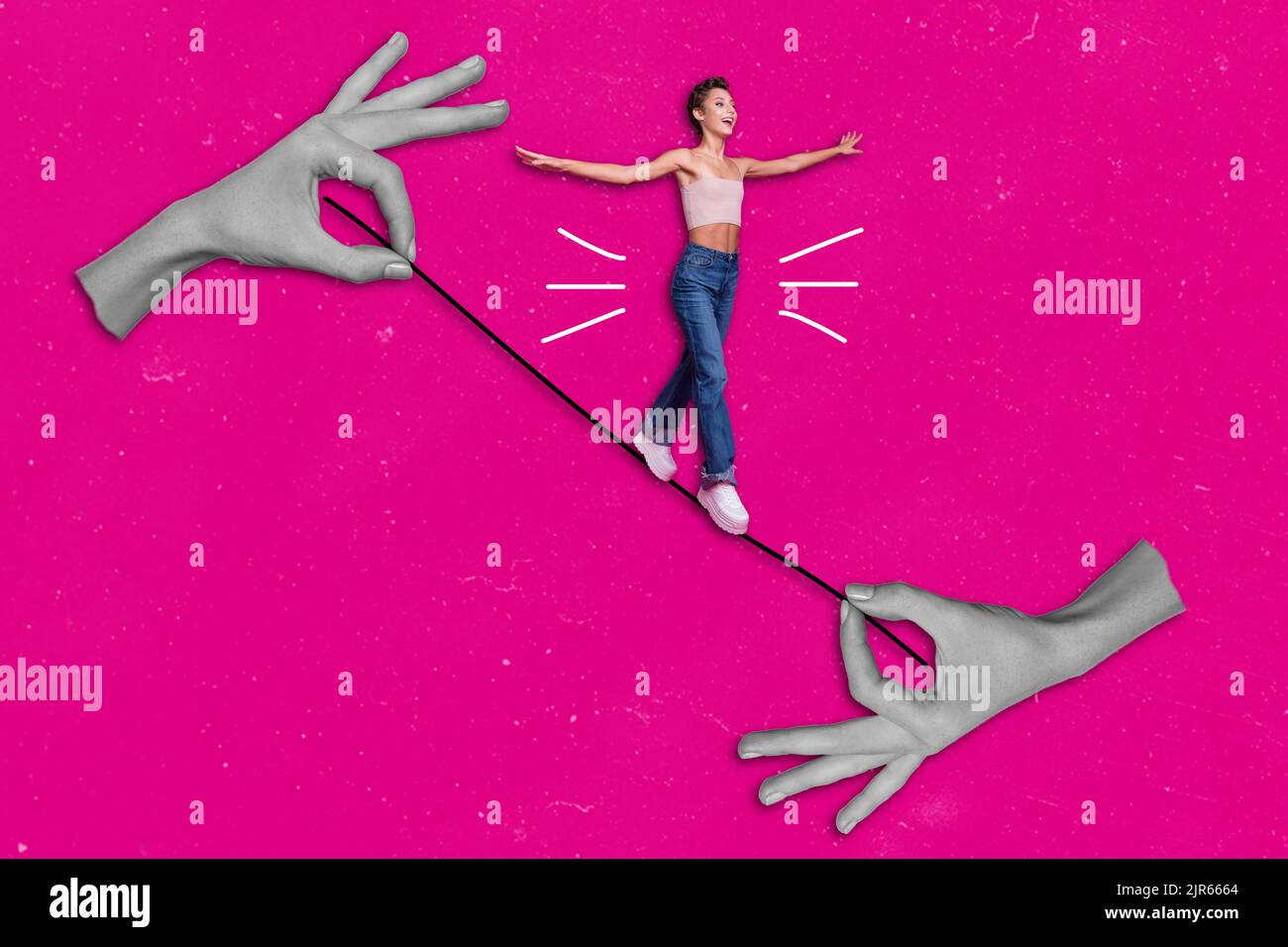 Un collage photo inhabituel d'une jolie jeune femme courageuse artiste ...