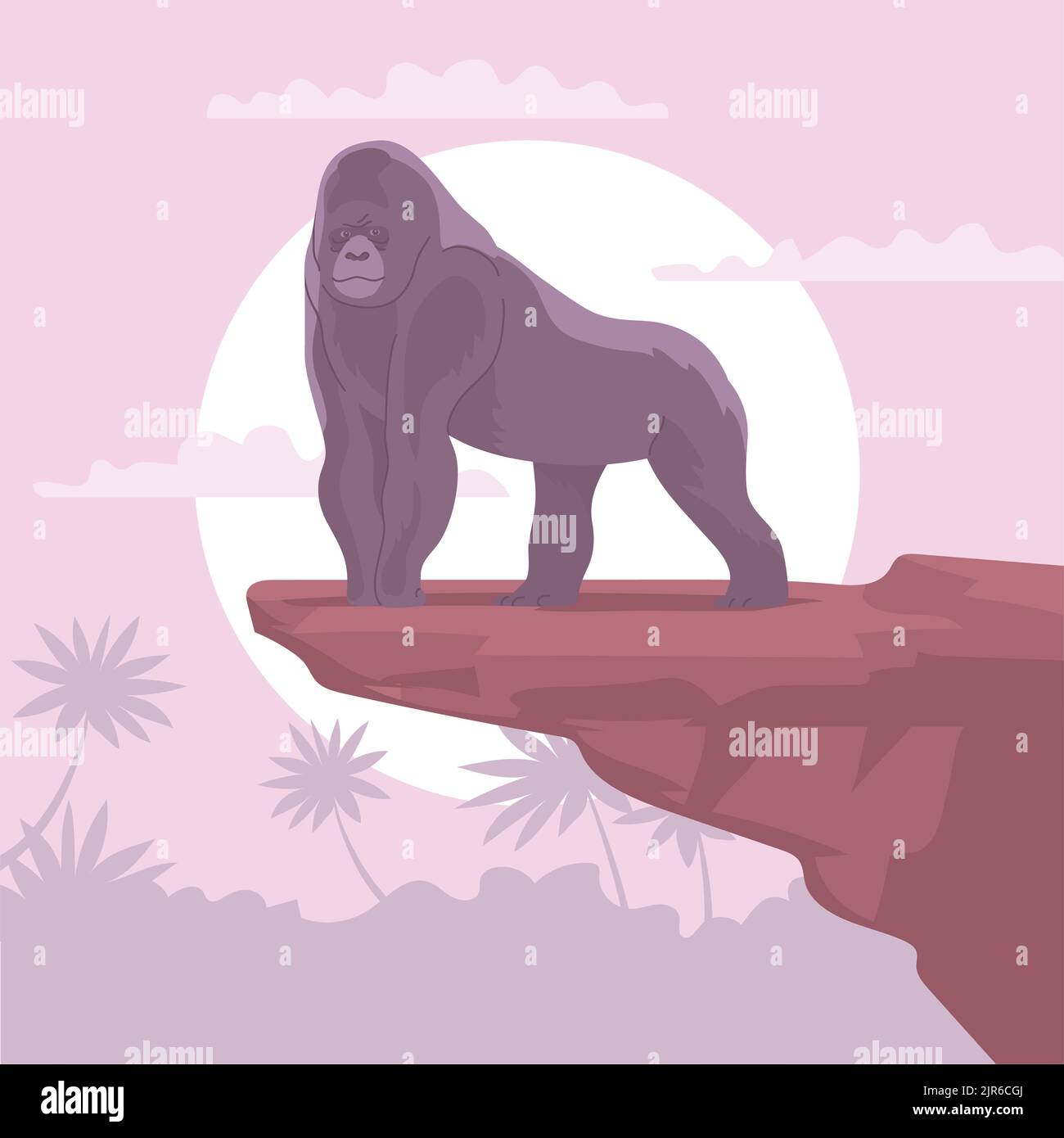 Grand singe gorille sur un haut rocher. Lune dans le ciel. Jungle ...