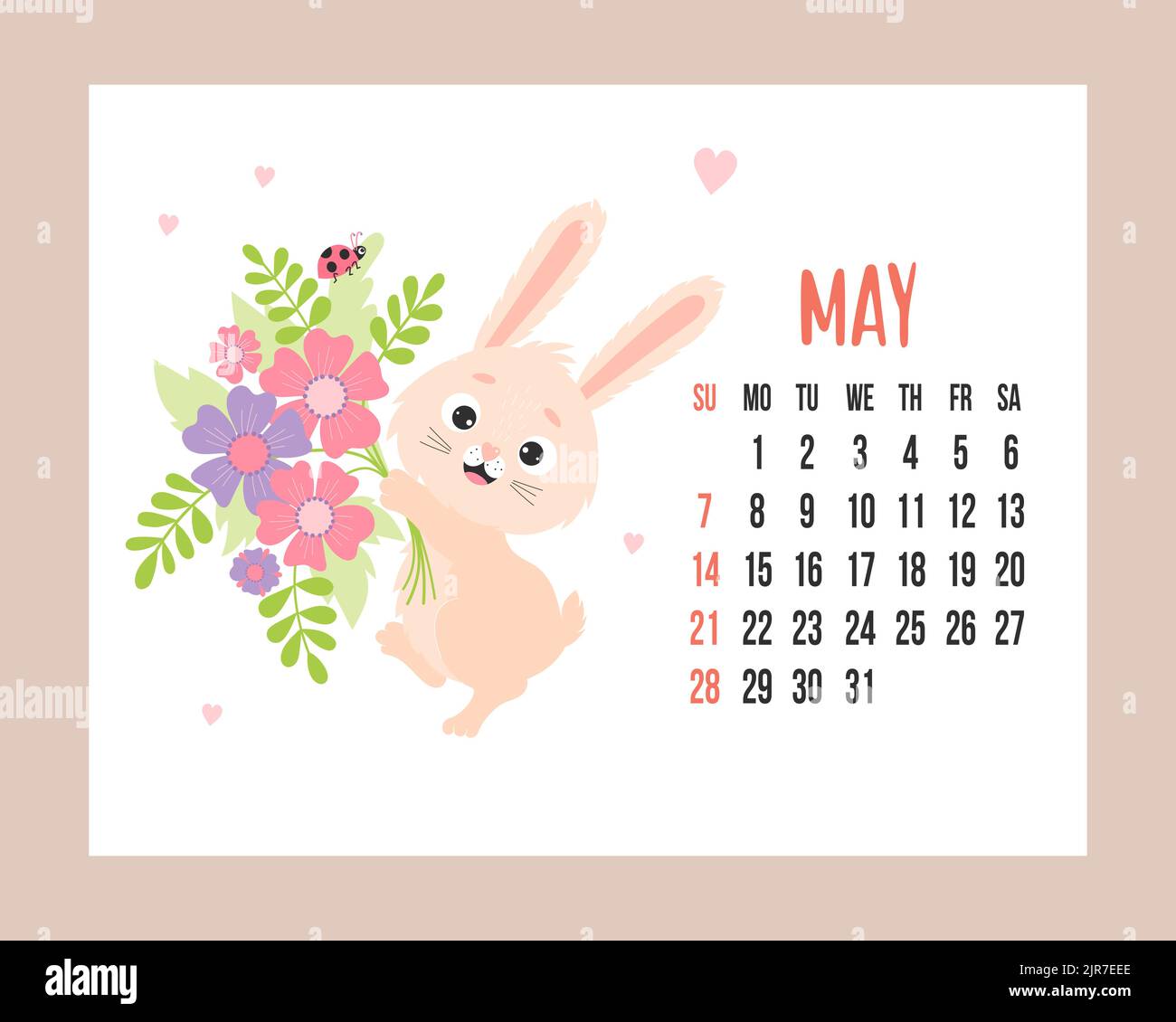 Calendrier de mai 2023. Joli lapin avec bouquet de fleurs et coccinelle ...