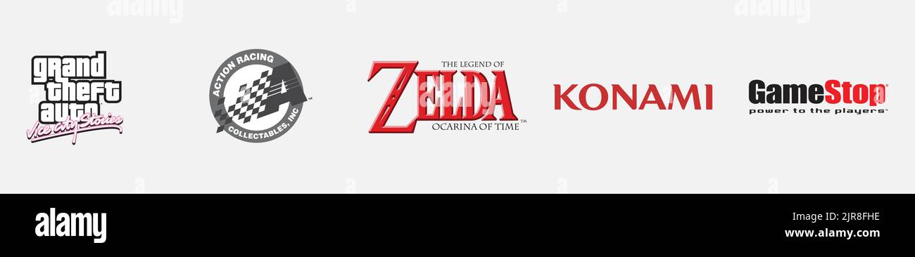 Logo Konami, logo Gamestop, logo Legend of Zelda Ocarina of Time, logo ...
