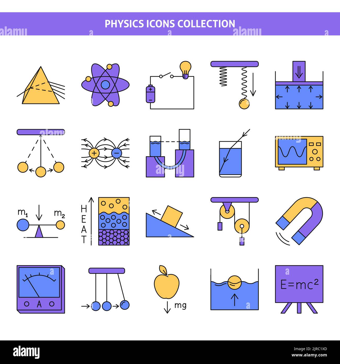 Icône Physics science définie en style de ligne colorée. Lois et ...