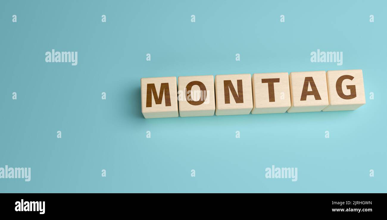 Le mot allemand Montag (lundi) construit à partir de lettres sur des cubes en bois. Vue grand ...