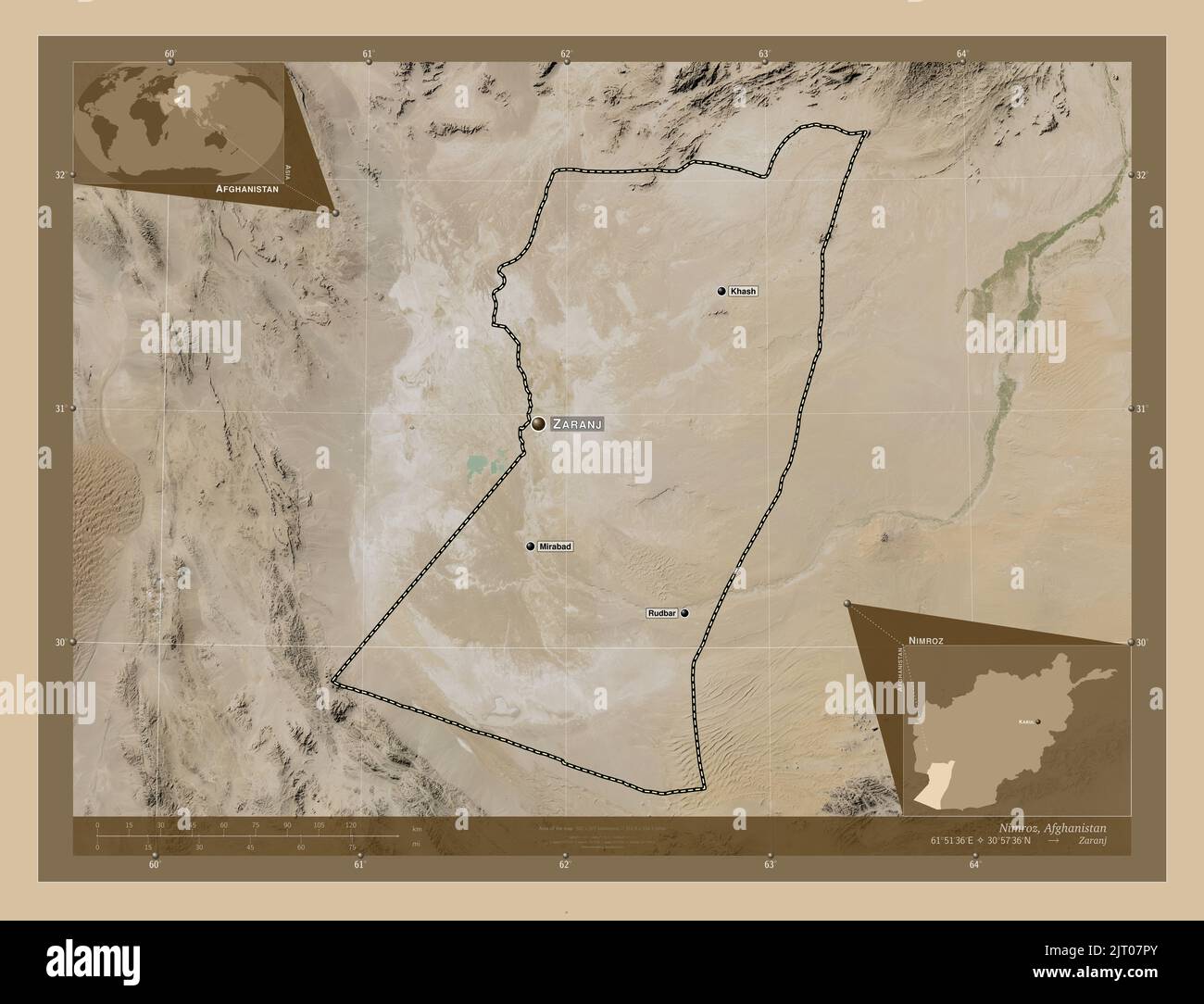 Nimroz, province d'Afghanistan. Carte satellite basse résolution. Lieux ...