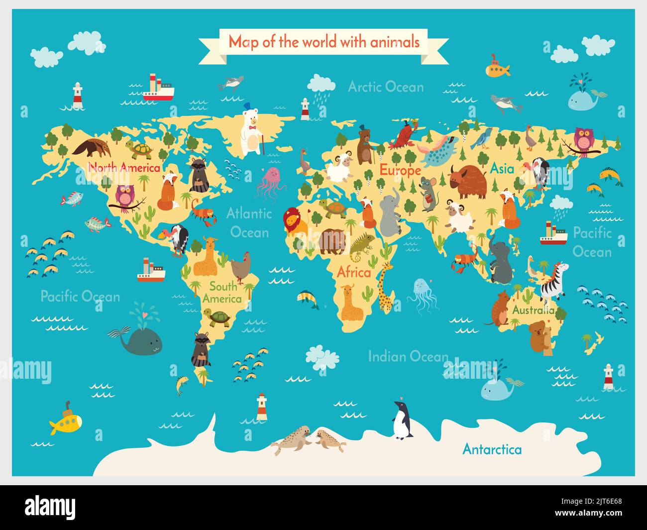 Carte de la faune mondiale avec des animaux et des plantes de ...