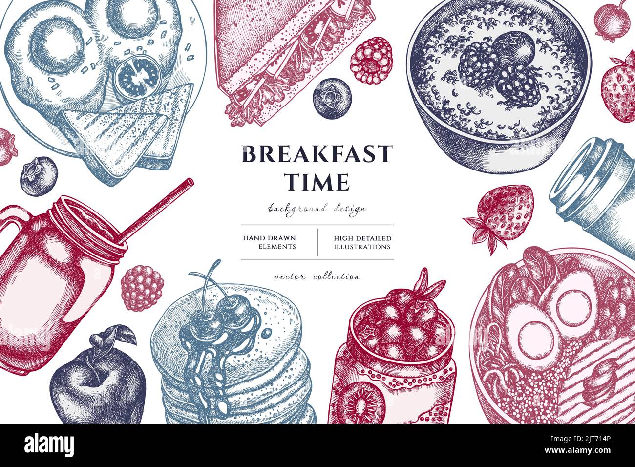 Petit déjeuner dessin d'illustration. Arrière-plan avec sandwich ...