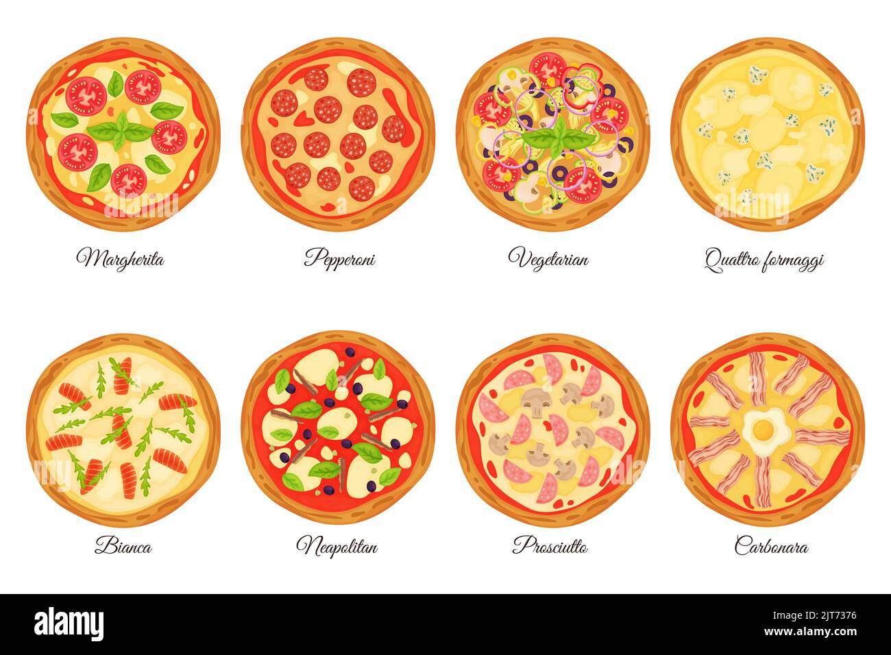 Ensemble de types de pizza. Différents types de garniture, fast food ...