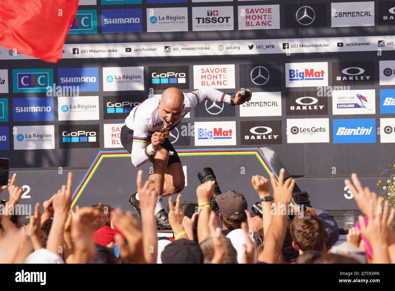France, 28/08/2022, SCHURTER Nino vainqueur lors du Podium UCI Mountain ...