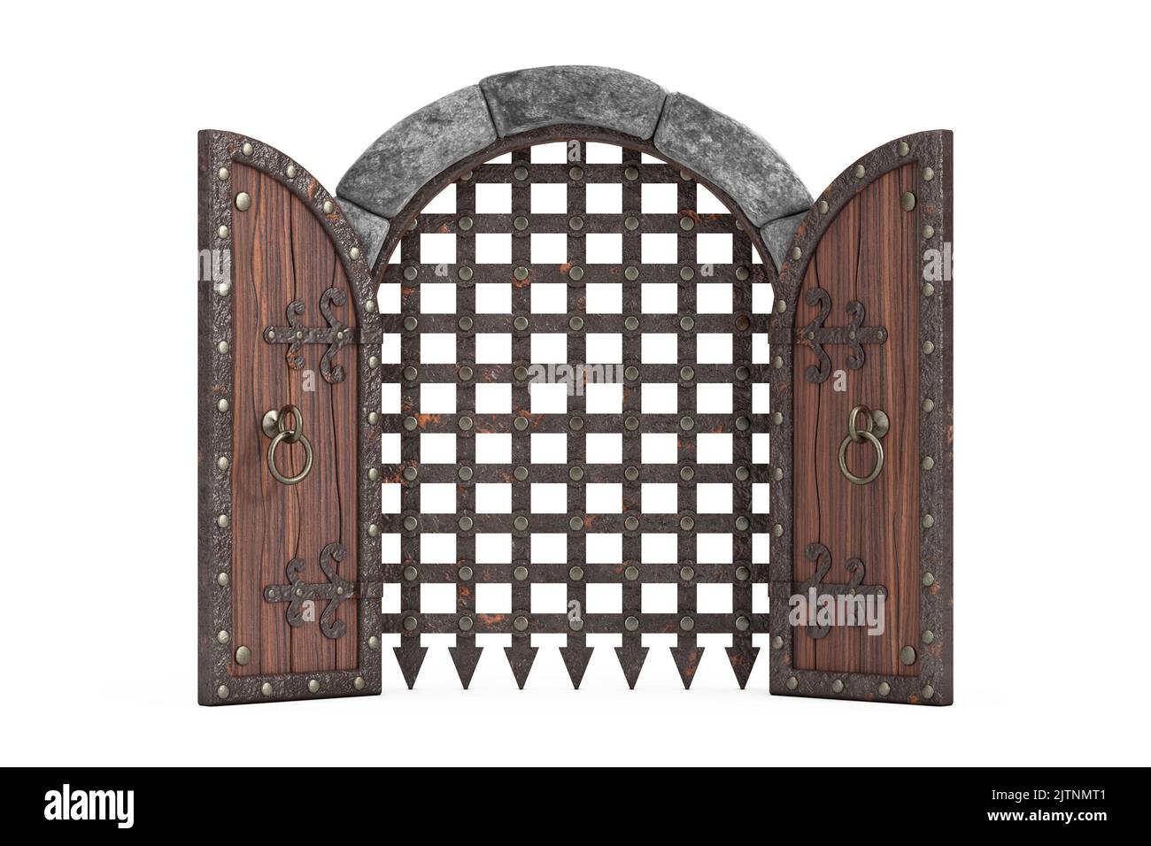 L'arche médiévale en pierre bloque la porte du château avec métal ...