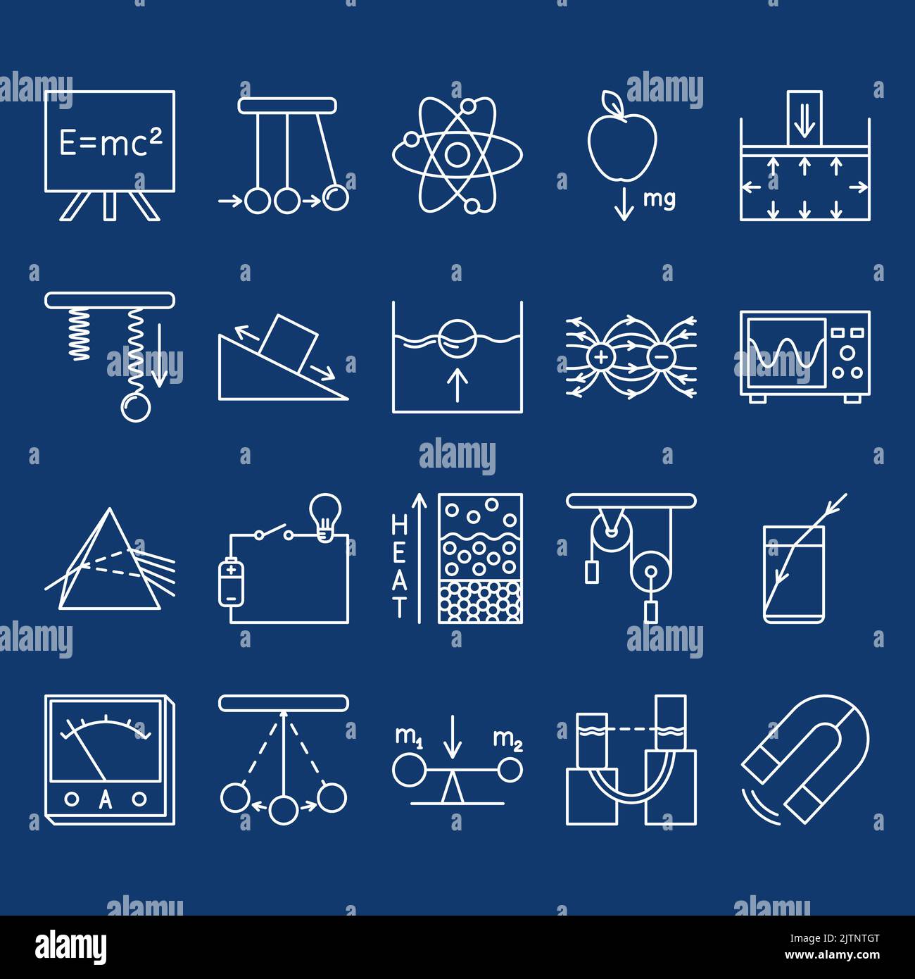 Icône Physics science définie en style ligne fine. Lois et symboles ...