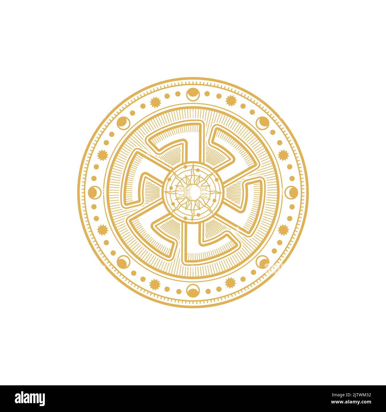 Symbole magique, cercle d'or avec ornements soleil et ankh, lune et ...
