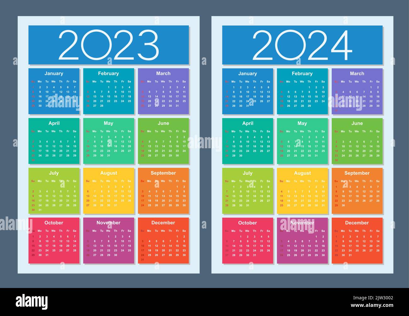 Calendrier coloré pour 2023, 2024 ans. La semaine commence le dimanche ...