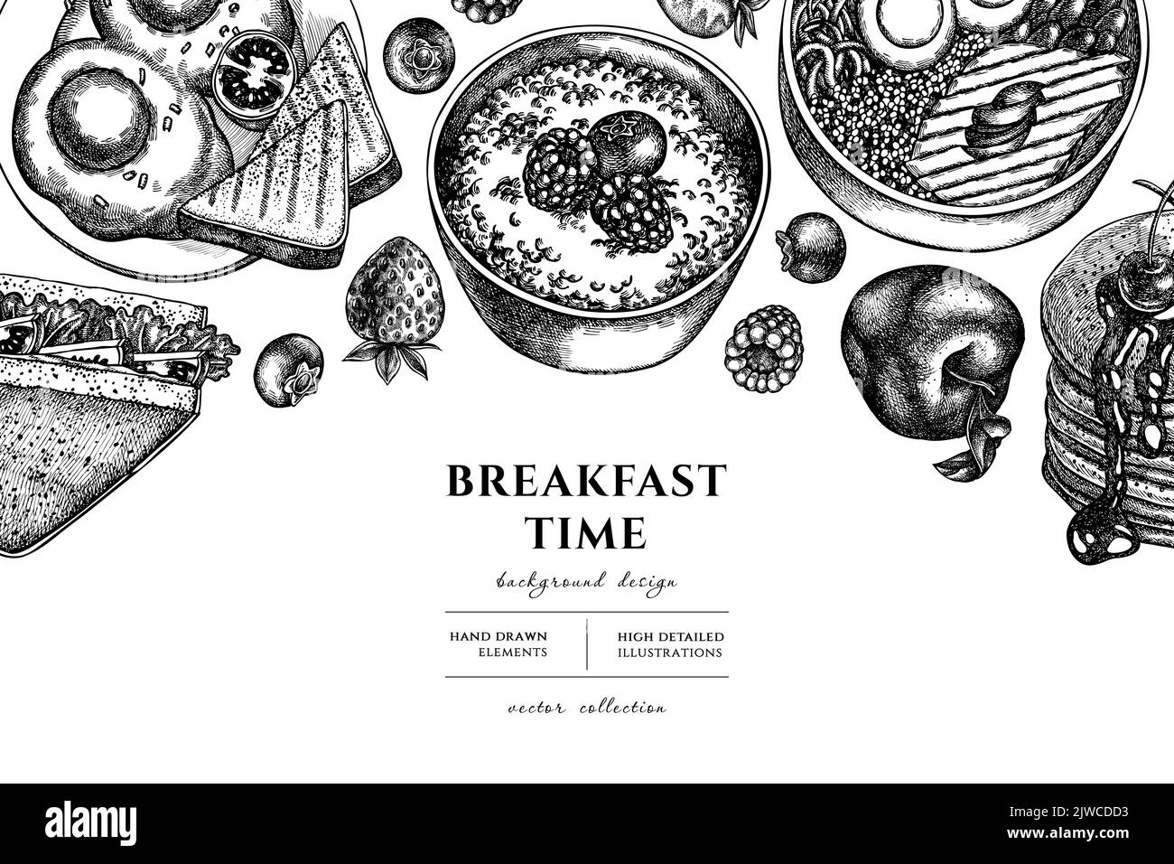 Petit déjeuner dessin d'illustration. Arrière-plan avec sandwich ...