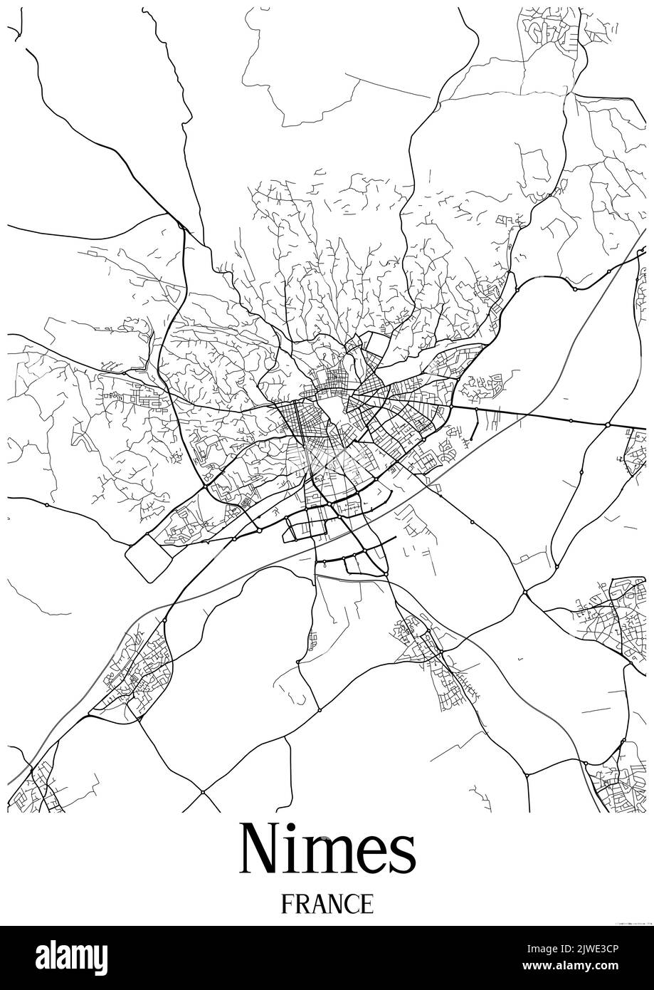 Carte urbaine classique noire et blanche de Nîmes France. Cette carte ...