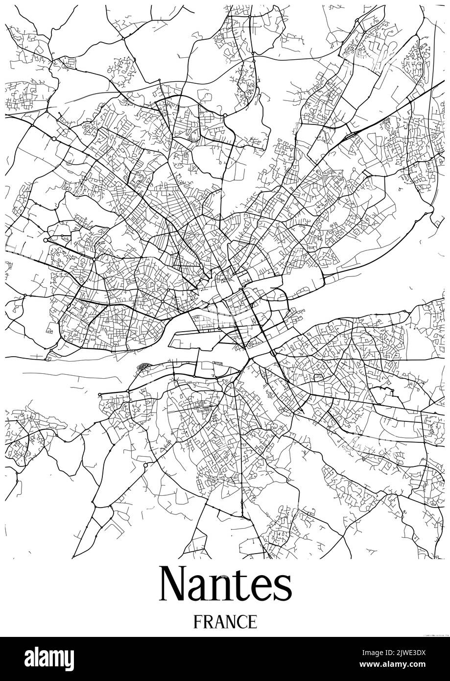 Carte urbaine classique en noir et blanc de Nantes France. Cette carte ...
