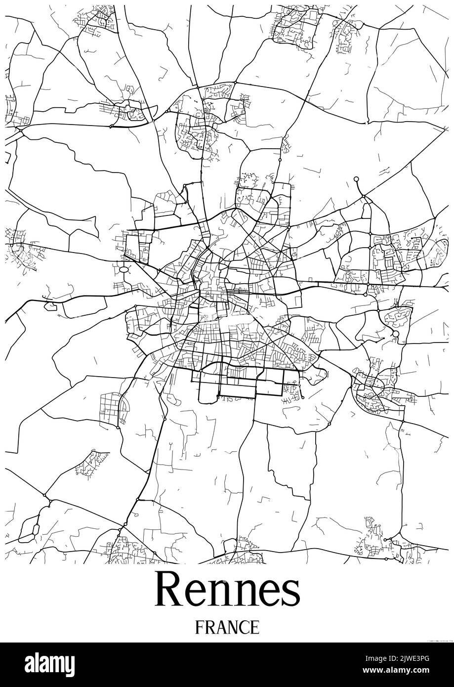 Carte urbaine classique en noir et blanc de Rennes France. Cette carte ...