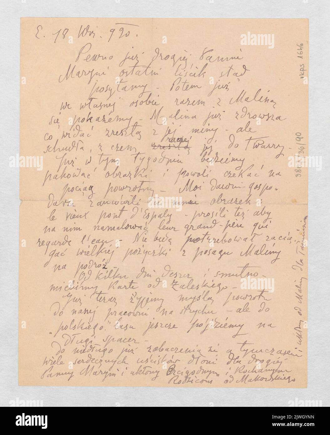 Lettre à Maria Mickiewiczówna avec le dessin `c'est le départ ...