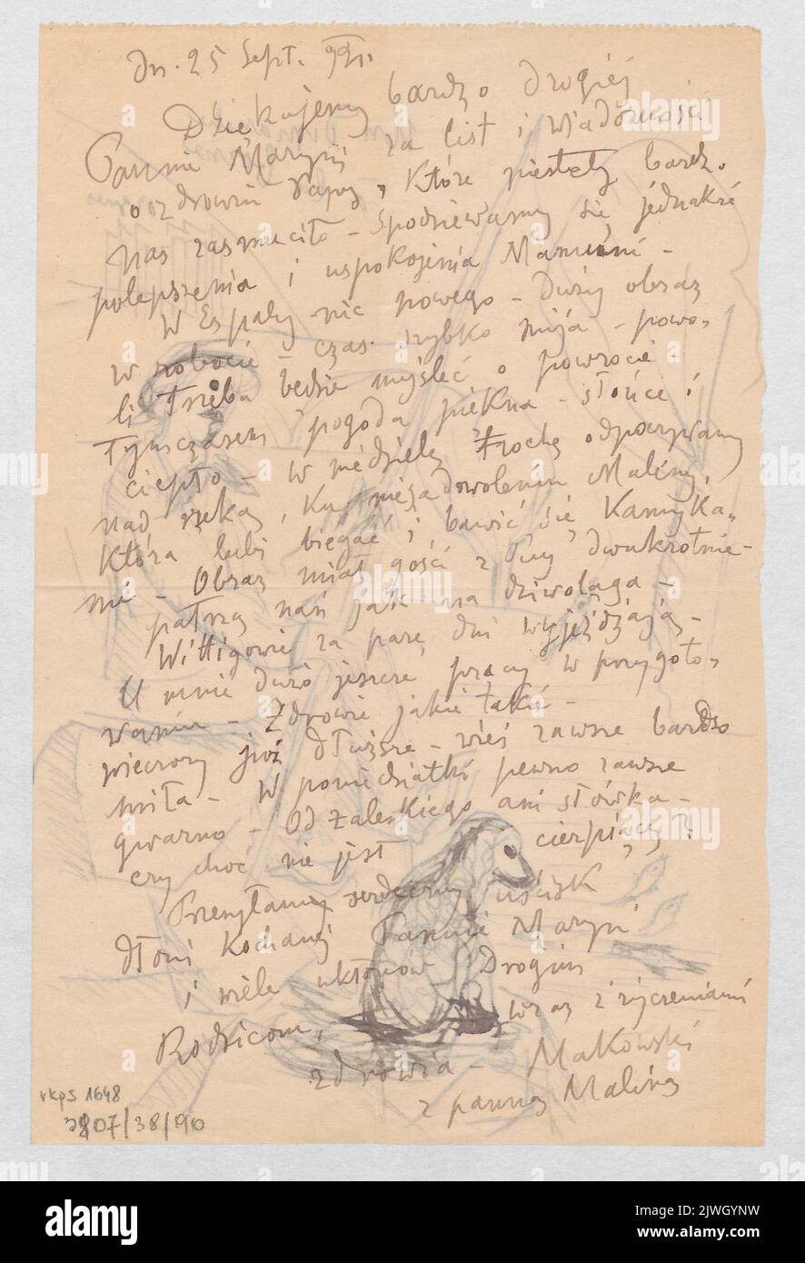 Lettre à Maria Mickiewiczówna avec le dessin "un dimanche a la borne ...