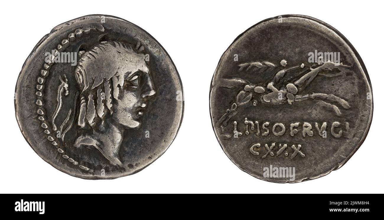 denarius. Calpurnius Piso Frugi, L. (fl. 90 a.C.; 74 a.C.), responsable ...