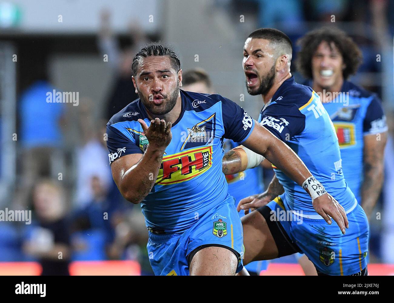 Konrad Hurrell, des Titans, réagit après avoir remporté le match de la ...