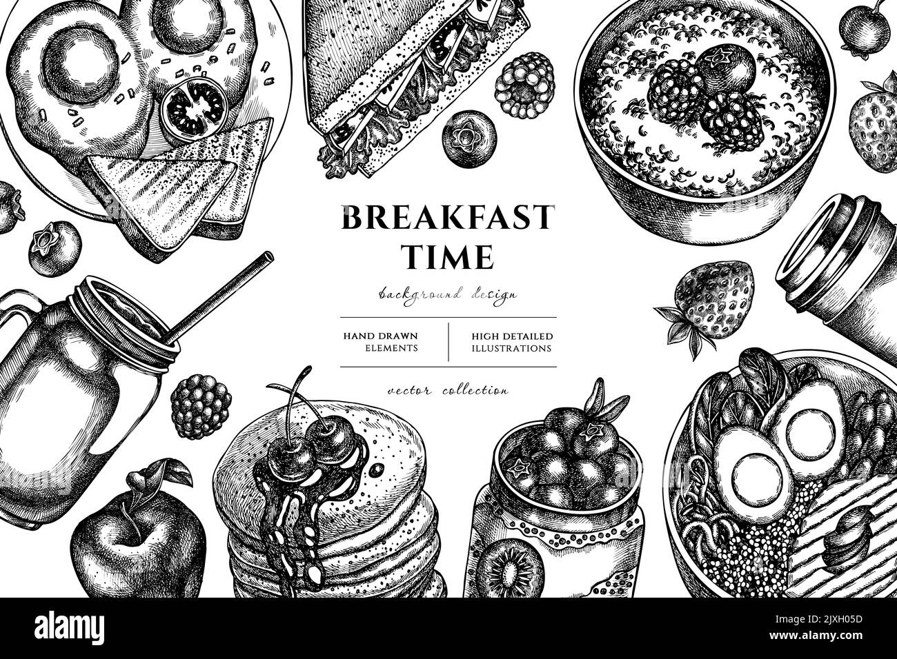 Petit déjeuner dessin d'illustration. Arrière-plan avec sandwich à l ...