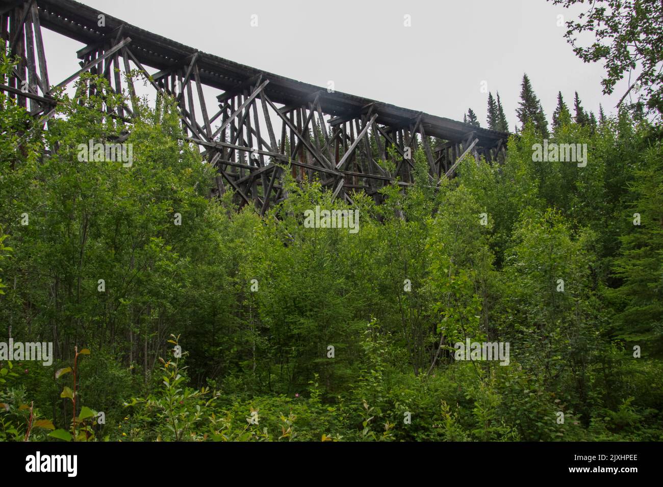 Vieux pont de chemin de fer en bois au-dessus de la rivière; Skagway ...
