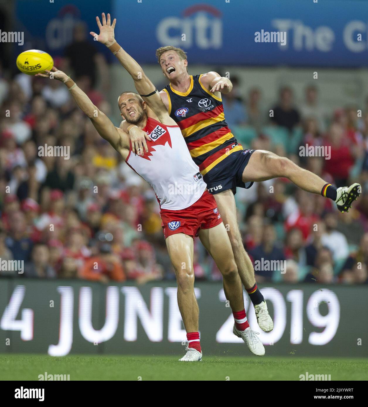 Alex Keath, des Crows, et Sam Reid, des Swans, disputent une marque ...