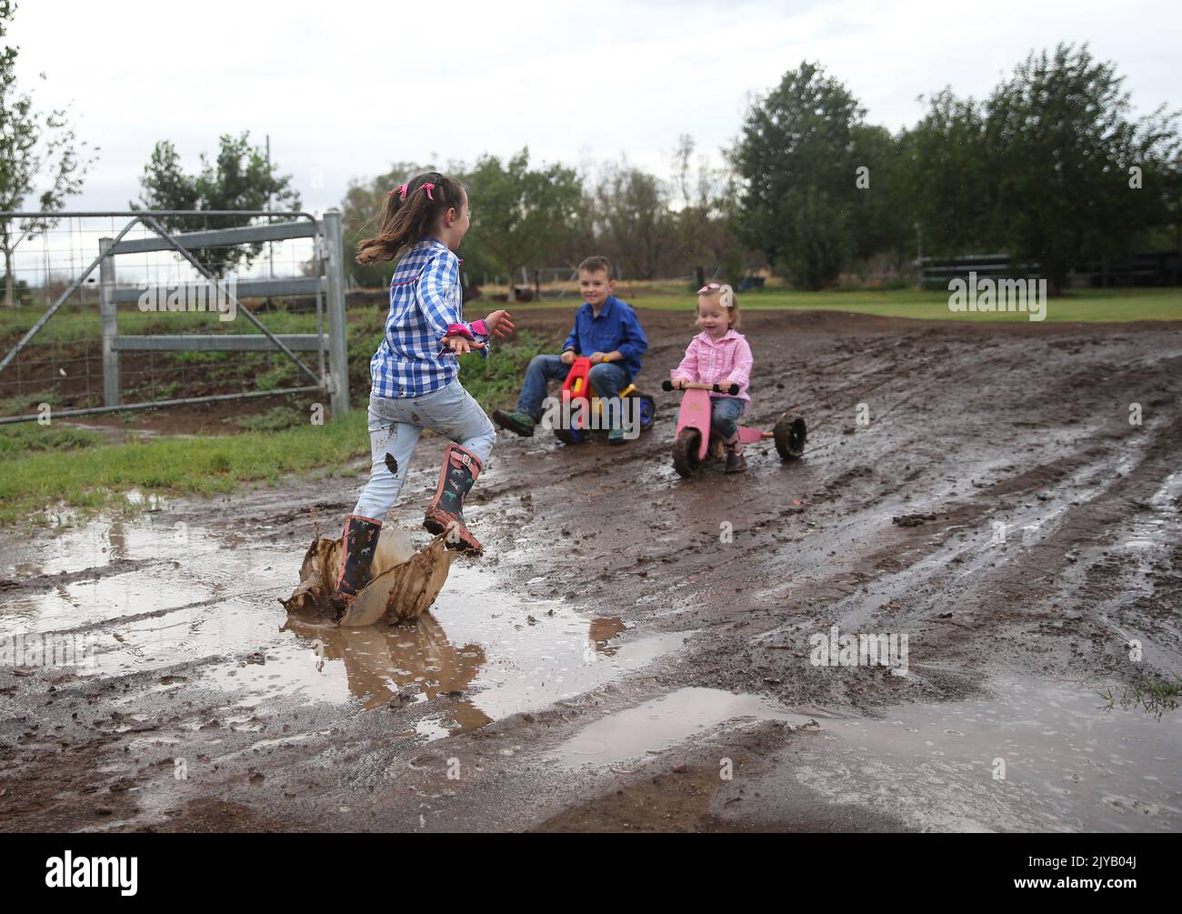 Pippa Galton, 6 ans, joue dans une flaque avec Cooper Galton, 7 ans, et ...