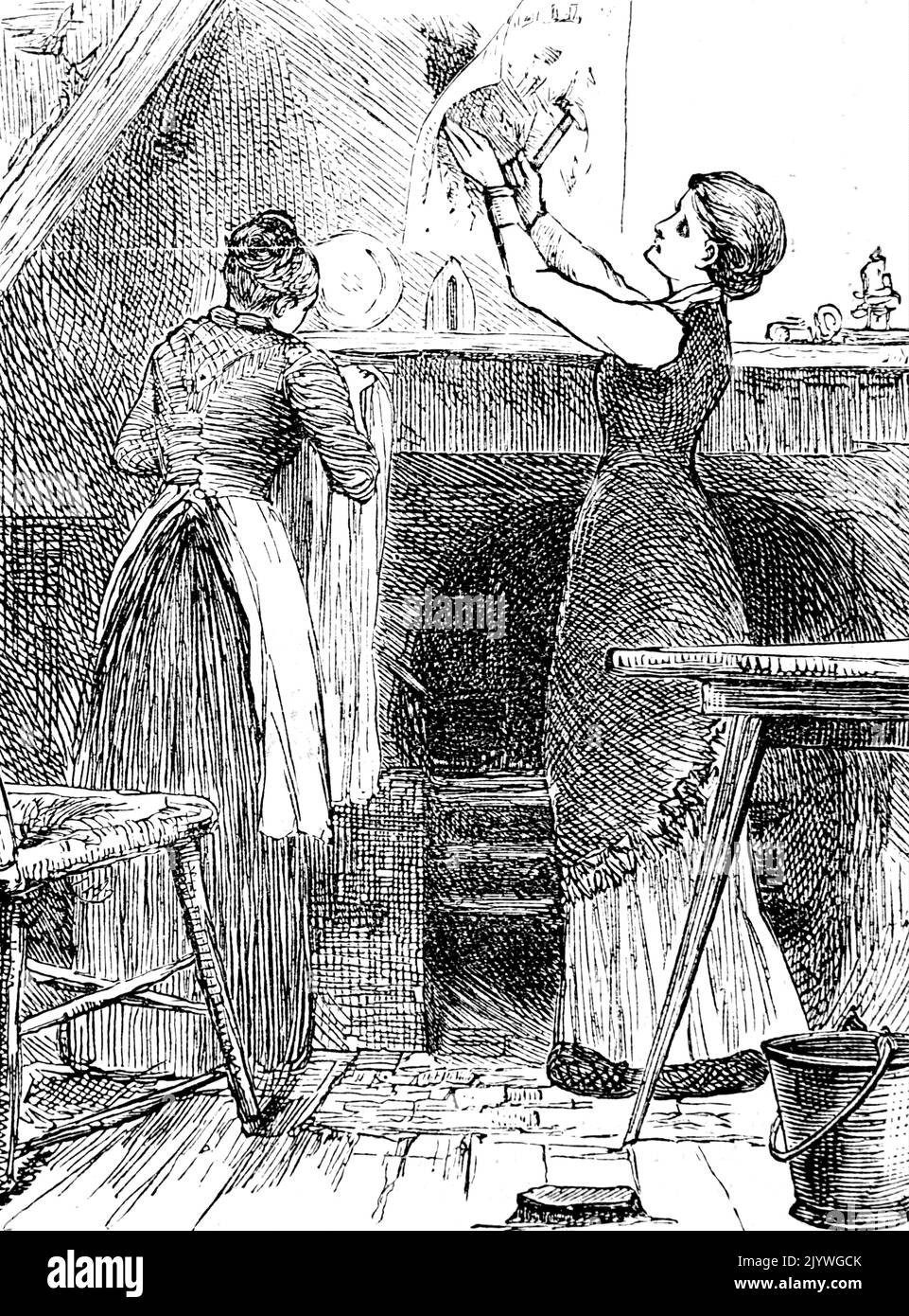 Gravure représentant une jeune femme et sa femme de ménage accrochant ...