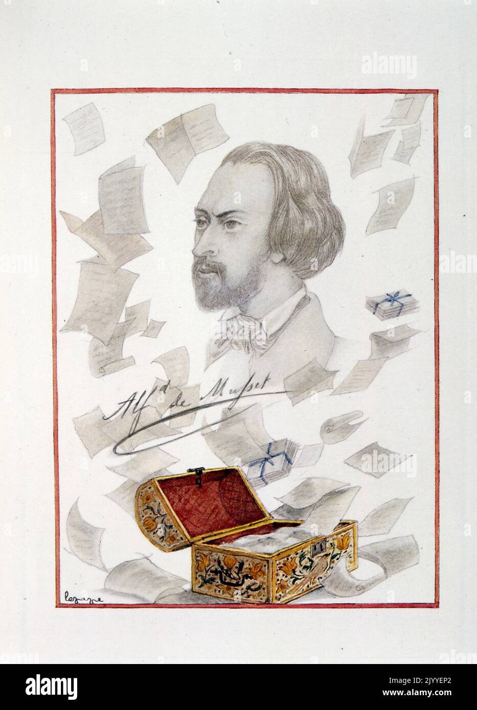 Portrait d'Alfred de Musset (1810-1857) avec un coffre au Trésor ouvert ...