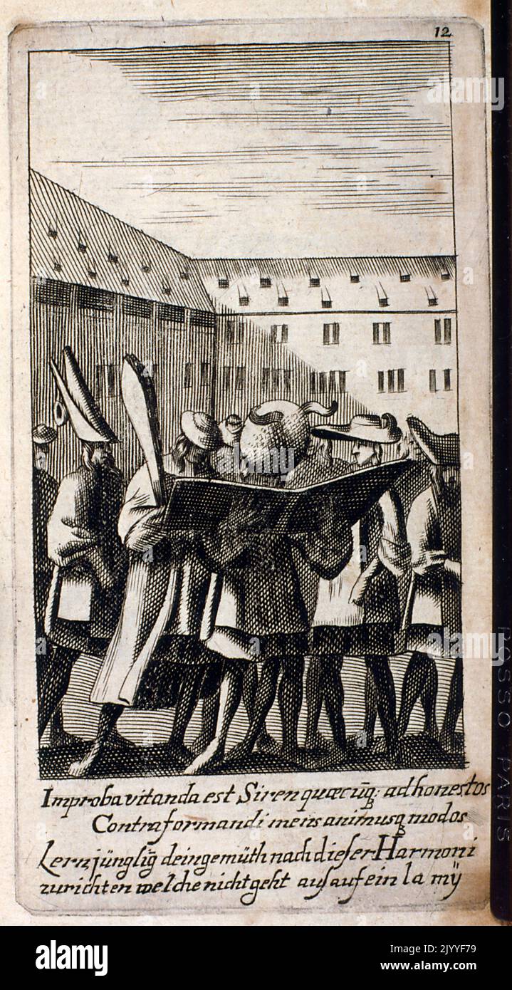 Gravure de style médiéval représentant un homme lisant un texte d'un ...