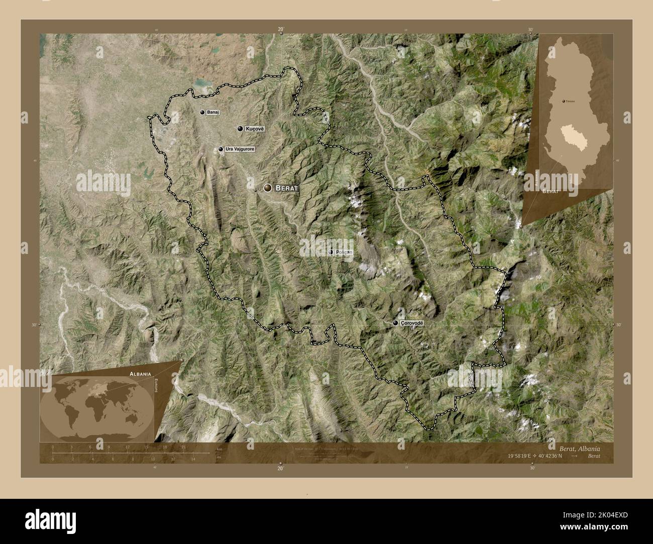 Berat, comté d'Albanie. Carte satellite basse résolution. Lieux et noms ...